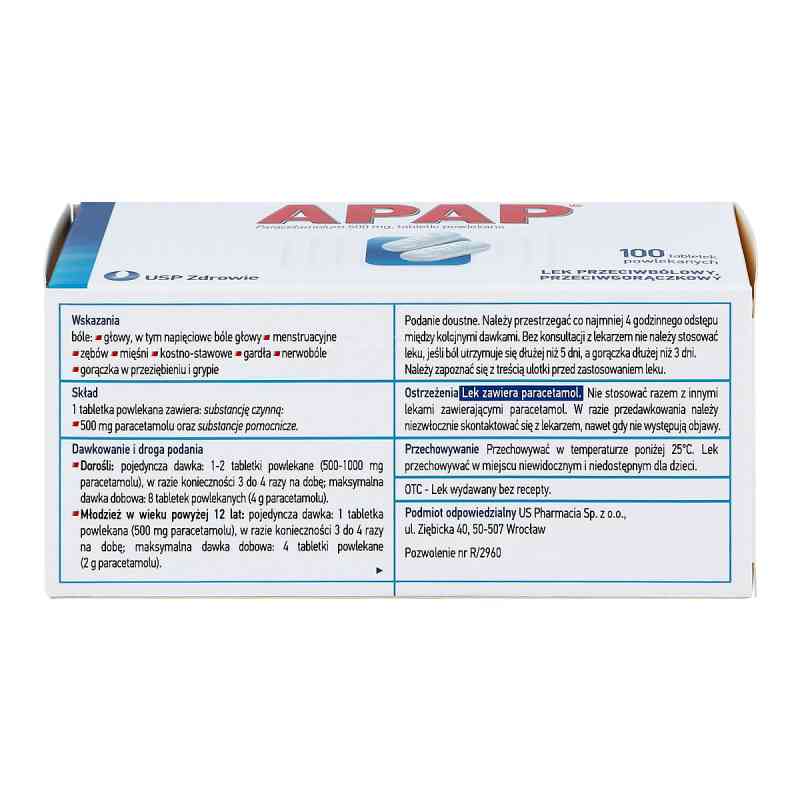 Apap 100 tabletek, Apap dawkowanie, ulotka, Apap cena - Apo-Discounter.pl
