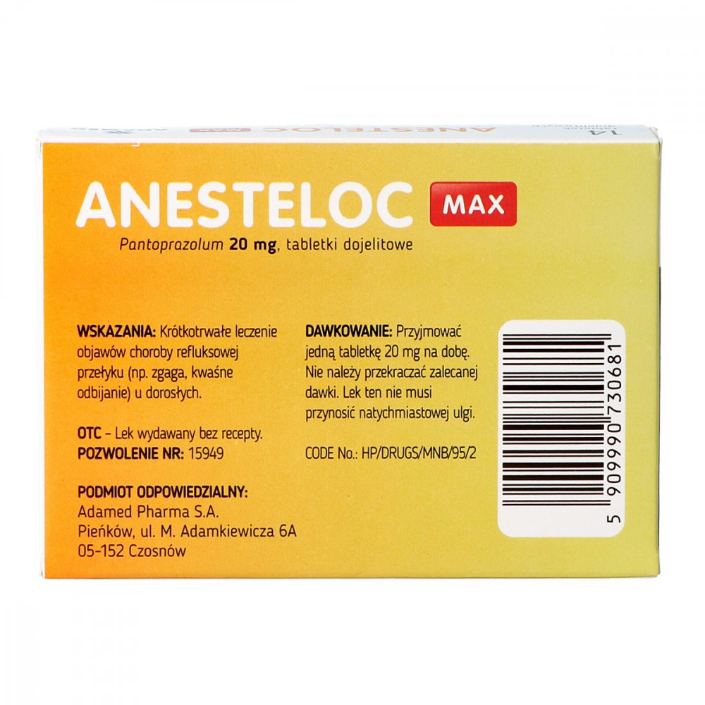 Anesteloc Max 20 mg, lek pantoprazol 20 mg - Apo-Discounter.pl