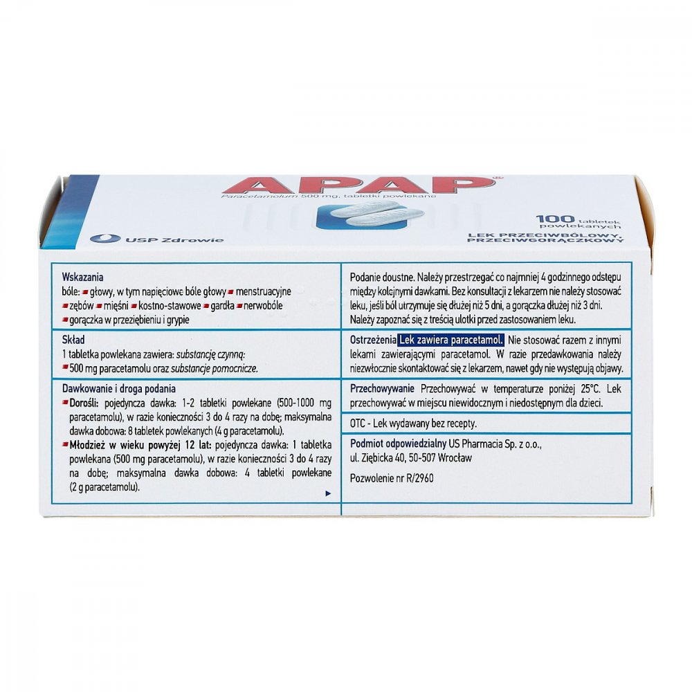 Apap 100 tabletek, Apap dawkowanie, ulotka, Apap cena - Apo-Discounter.pl