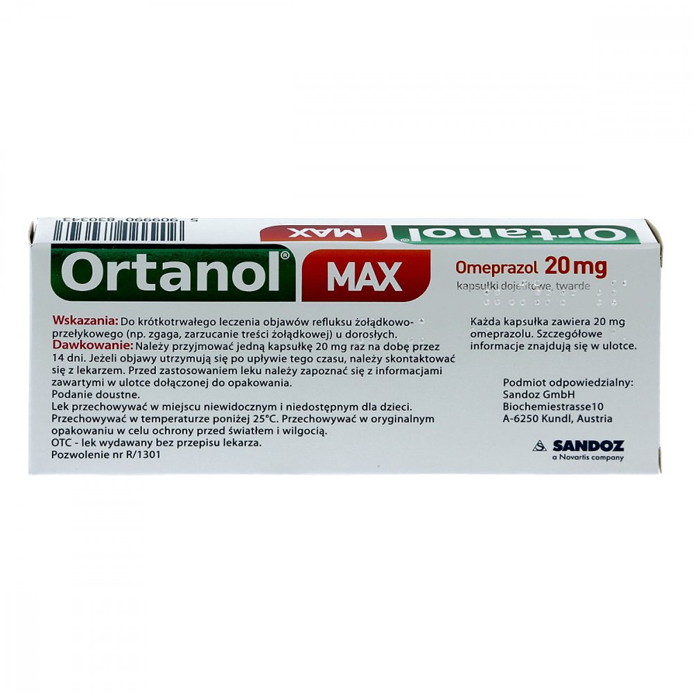 Ortanol Max 20 mg, lek osłonowy na żołądek, omeprazol 20 mg Sandoz ...